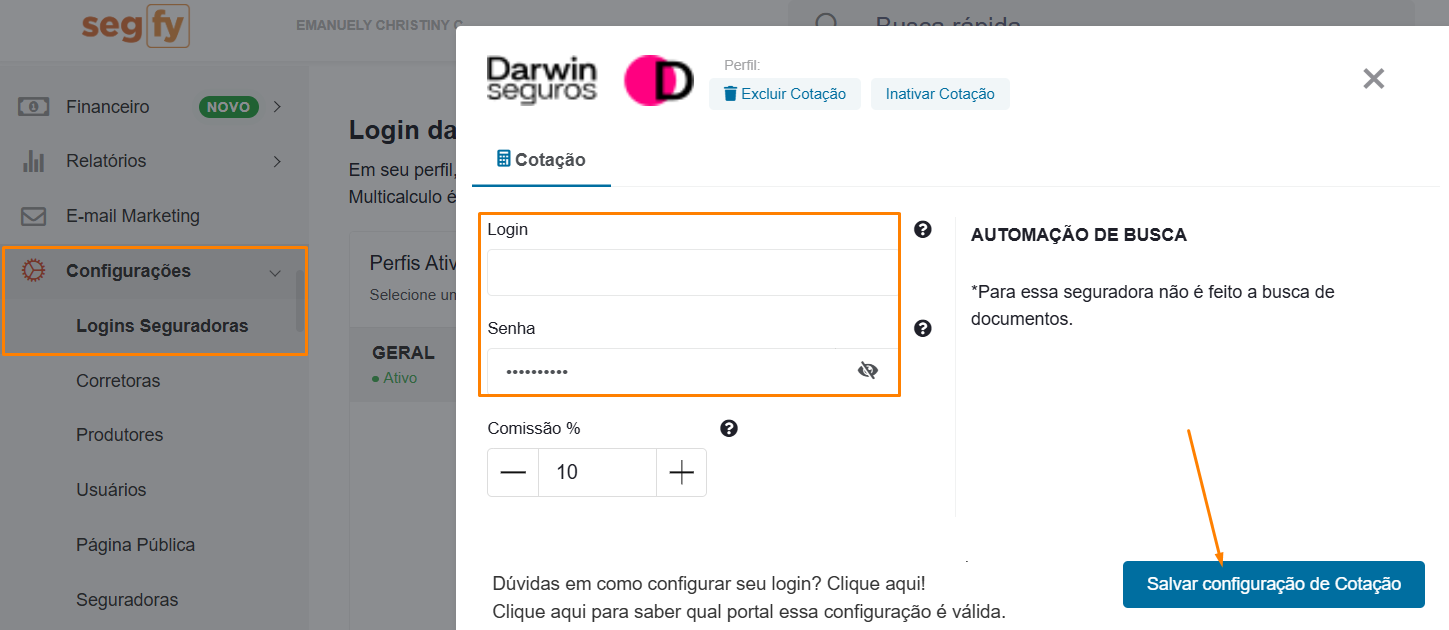Logins Seguradoras - Como configurar o login da Darwin
